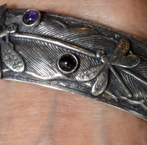 Elaine Coyne Collectible Artwear Mirror Antique Silver Dragonflies on Feather Cuff - Amethyst, Black Onyx