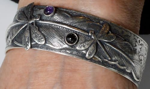 Elaine Coyne Collectible Artwear Mirror Antique Silver Dragonflies on Feather Cuff - Amethyst, Black Onyx