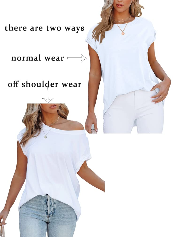 XXTAXN Women's Casual Short Sleeve Off Shoulder Oversized T Shirt Outdoor Soft Basic Tunic Tops White