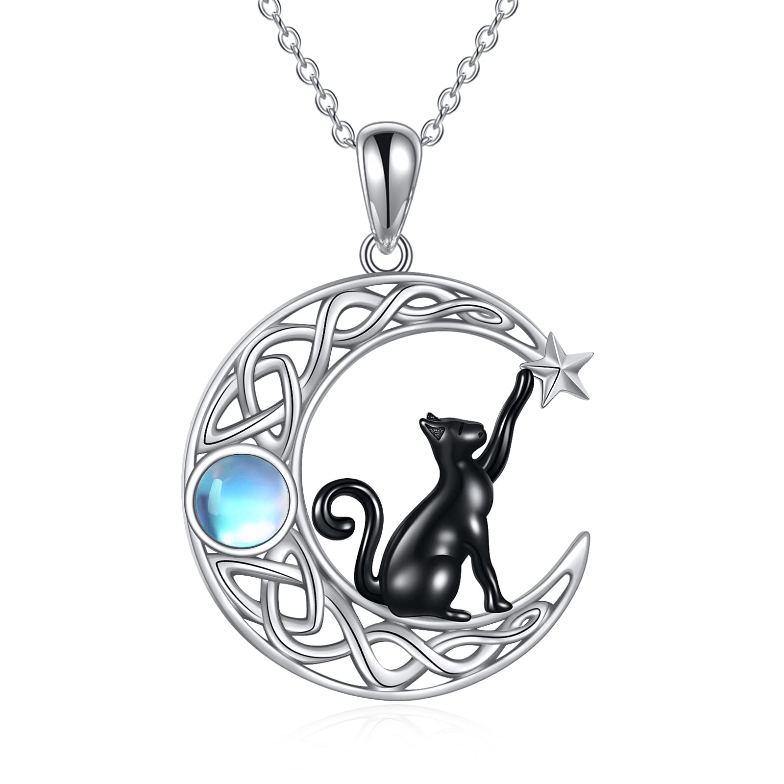 VONALA Celtic Moon Black Cat Necklace for Women Sterling Silver Cat Jewelry for Women Moonstone Necklace for Cat Lovers