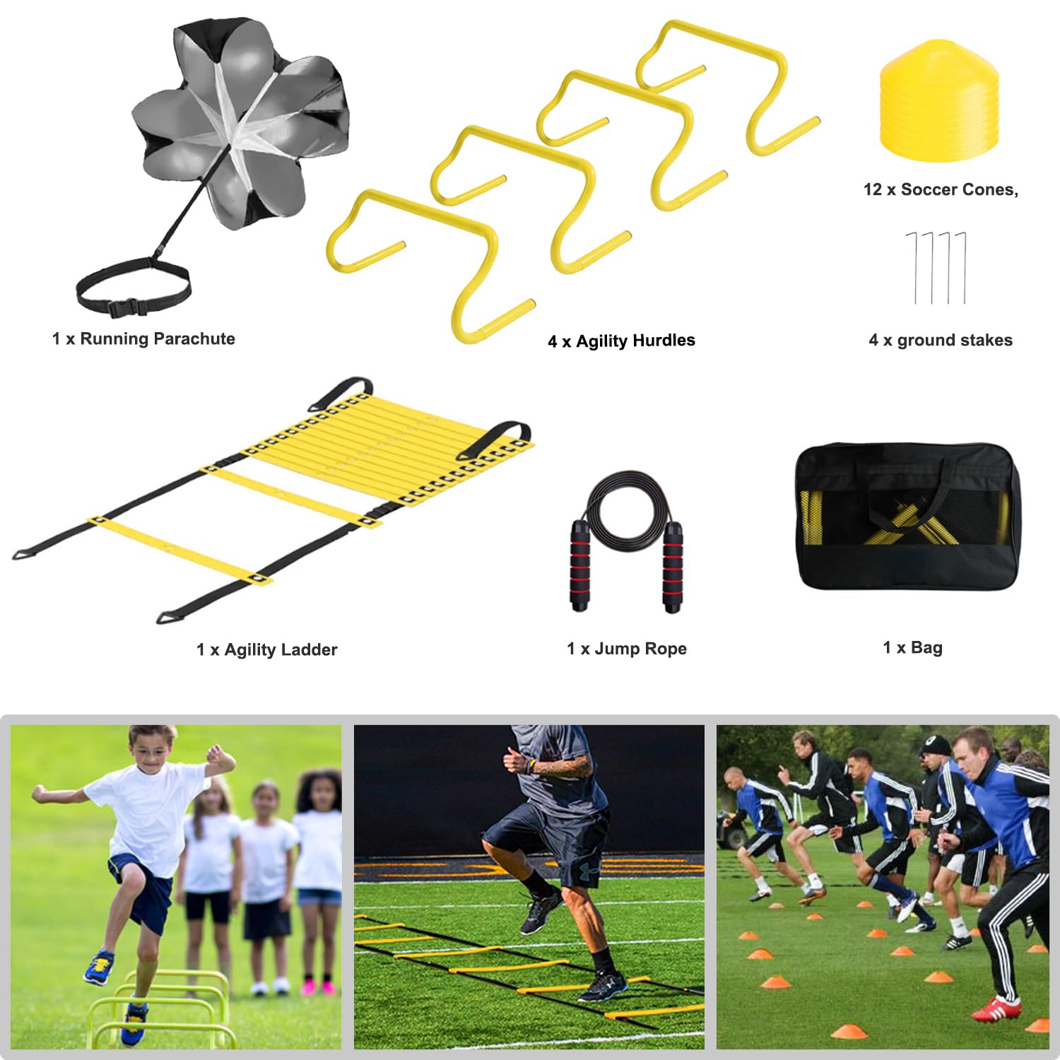 ENDIESS Agility Ladder Speed Agility Training Equipment,1 Agility Ladder 20ft,4 Hurdles,Training Soccer Cones,Jump Rope,Running Parachute, Agility Training Equipment for Kids Youth Adul (Yellow)