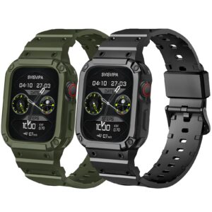 svisvipa [2 pk] band w/bumper case compt. for apple watch 45 44 42mm iwatch series 8 7 6 5 se 4 3 2 1 se strap, unisex sport rugged shockproof military protective replacement band,(black,army green)