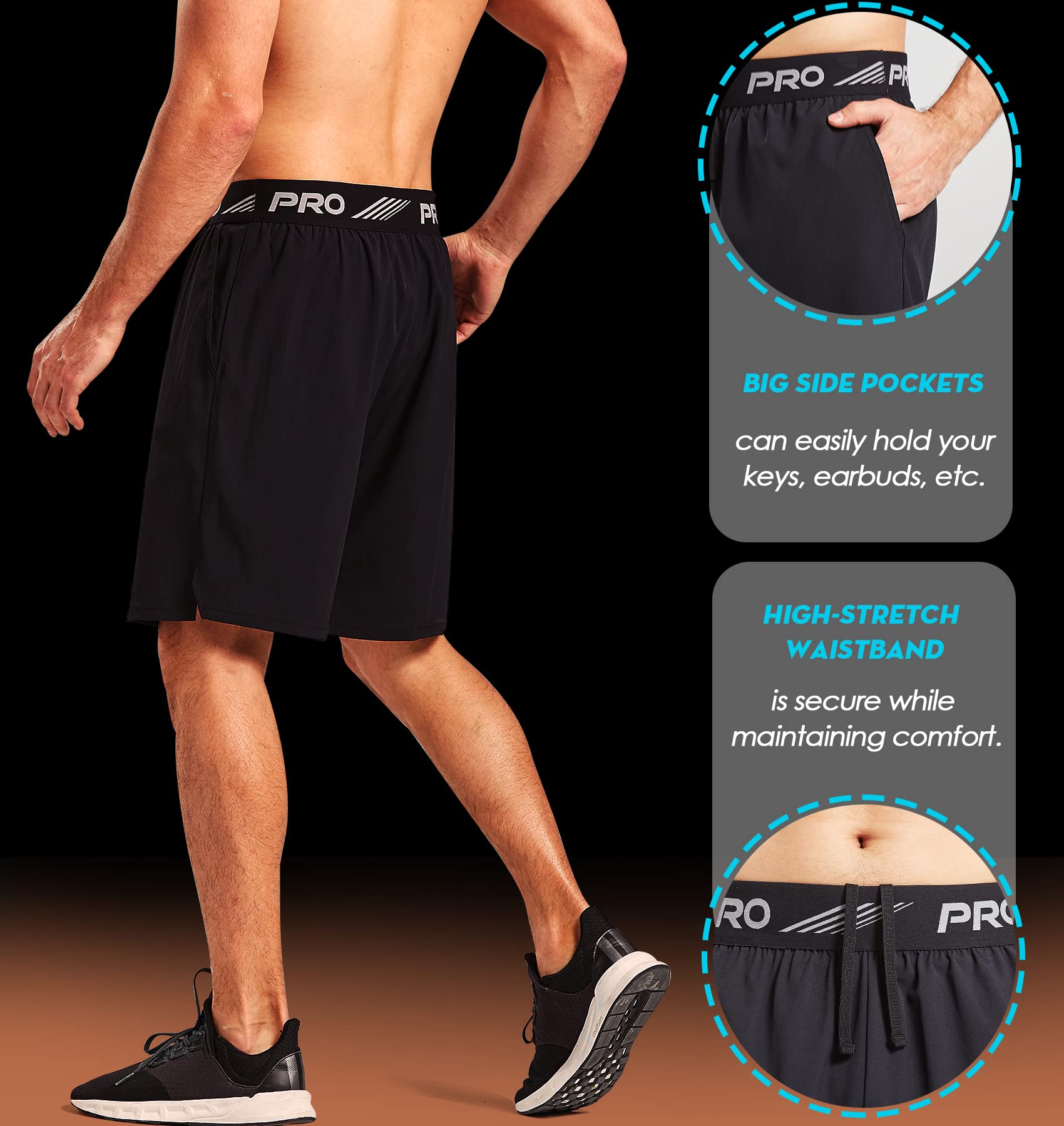 ACESHIP 2 Pack Workout Running Shorts Quick Dry Athletic Shorts 5" and 9" Lightweight Gym Shorts with Zipper Pockets Black