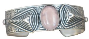 elaine coyne collectible artwear antique silver brass art deco cuff bracelet with rose quartz cabochons