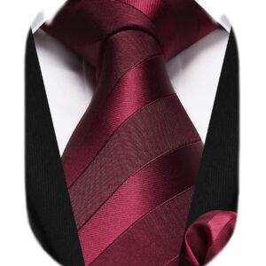 HISDERN Ties for Men Red Tie and Handkerchief Set Maroon Striped Business Formal Woven Burgundy Pocket Square Necktie Wedding College Christmas