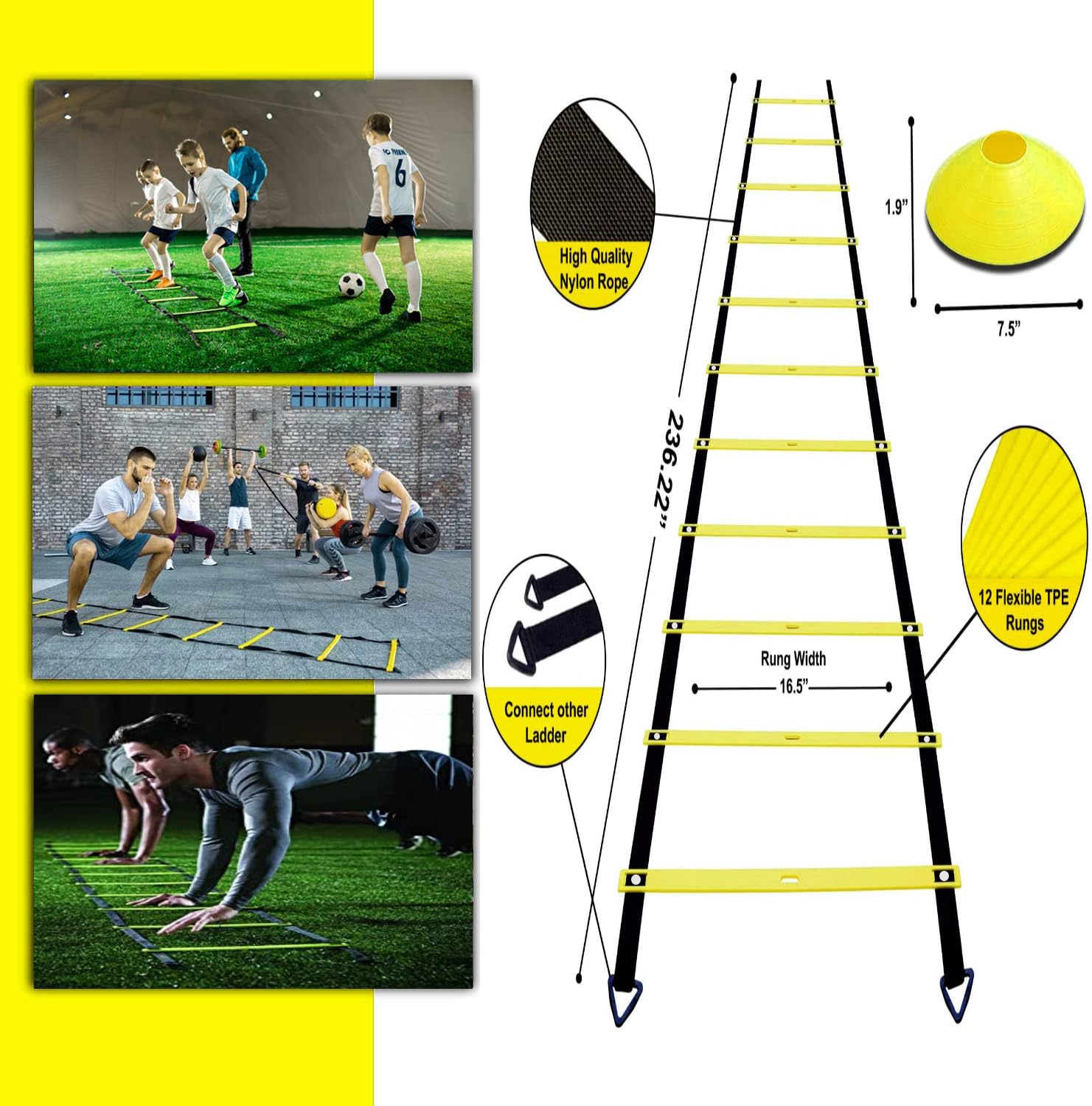 ENDIESS Agility Ladder Speed Agility Training Equipment,1 Agility Ladder 20ft,4 Hurdles,Training Soccer Cones,Jump Rope,Running Parachute, Agility Training Equipment for Kids Youth Adul (Yellow)