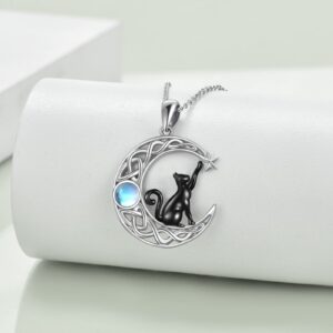 VONALA Celtic Moon Black Cat Necklace for Women Sterling Silver Cat Jewelry for Women Moonstone Necklace for Cat Lovers