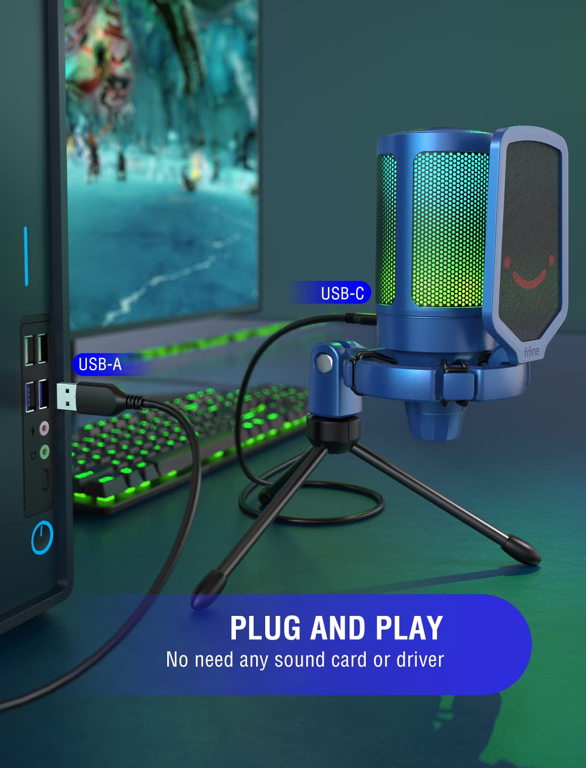 FIFINE Gaming Streaming USB PC Microphone for Mac OS/Windows, AmpliGame Condenser Cardioid Mic with RGB for Video Vocal Recording Twitch Discord, Gamer Computer Mic-Blue