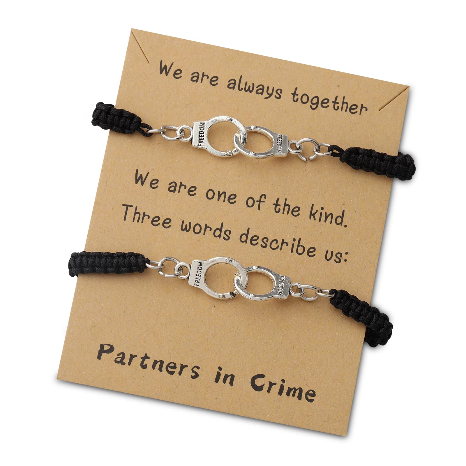 WUSUANED Partners In Crime Friendship Bracelets Handcuff Charms Friendship Symbol Jewelry For 2 Message Crad Gifts For Family Friends (Partner in crime bracelet set)