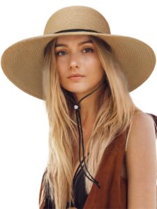 womens sun hat wide brim foldable beach hats for women uv protection summer straw hat with wind lanyard khaki