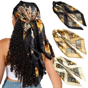 35" satin square hair scarf bandanas - 3pcs large silk head scarves lightweight satin hair kerchief sleeping hair wraps for women (camel + black + beige)