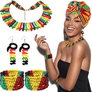 Yinkin Women's 5 Pcs African Jewelry Set: 1pcs Kente Print Headwrap, 1pair Earrings, 2pcs Beaded Bracelets (Stretch), 1pcs Necklace (Rustic, Multicolor)