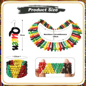 Yinkin Women's 5 Pcs African Jewelry Set: 1pcs Kente Print Headwrap, 1pair Earrings, 2pcs Beaded Bracelets (Stretch), 1pcs Necklace (Rustic, Multicolor)