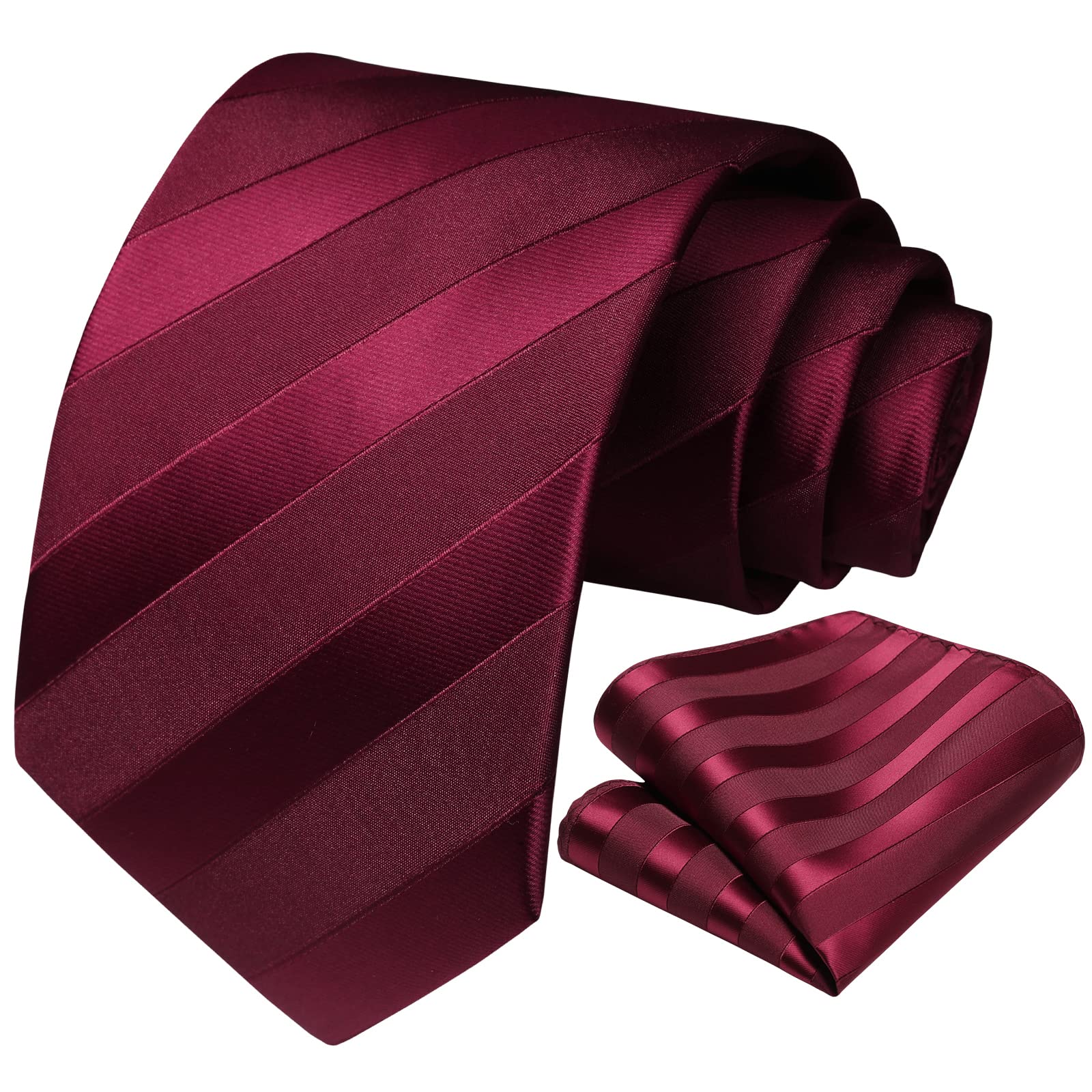 HISDERN Ties for Men Red Tie and Handkerchief Set Maroon Striped Business Formal Woven Burgundy Pocket Square Necktie Wedding College Christmas