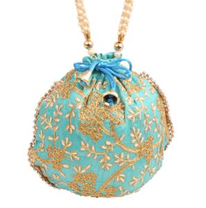 touchstone new traditional indian hand embroidered floral motif shopping gifts jewelry wedding sweet distribution faux pearls strings drawstring fancy teal green color bag for women.