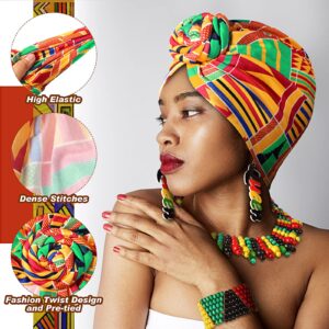 Yinkin Women's 5 Pcs African Jewelry Set: 1pcs Kente Print Headwrap, 1pair Earrings, 2pcs Beaded Bracelets (Stretch), 1pcs Necklace (Rustic, Multicolor)