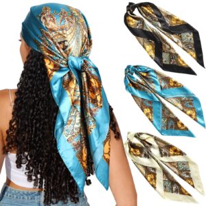 chlins 35" satin square hair scarf bandanas - 3pcs large silk head scarves lightweight satin hair kerchief sleeping hair wraps for women (blue+black+beige)