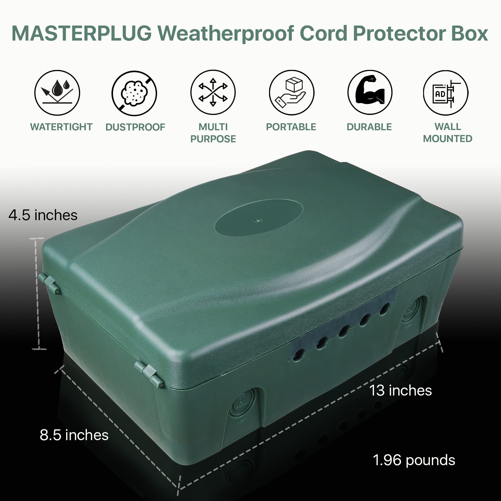 MASTERPLUG Weatherproof Cord Protector Box - Outdoor Waterproof Plastic Box Plug Cover, Durable Extension Cord Holder, Multi Plug Outlet Organizer