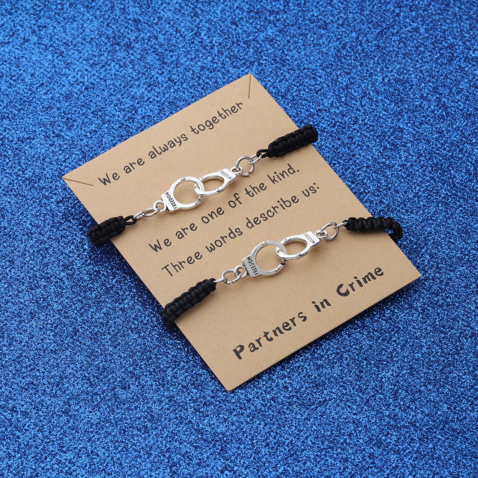 WUSUANED Partners In Crime Friendship Bracelets Handcuff Charms Friendship Symbol Jewelry For 2 Message Crad Gifts For Family Friends (Partner in crime bracelet set)