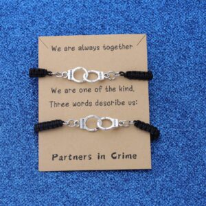 WUSUANED Partners In Crime Friendship Bracelets Handcuff Charms Friendship Symbol Jewelry For 2 Message Crad Gifts For Family Friends (Partner in crime bracelet set)