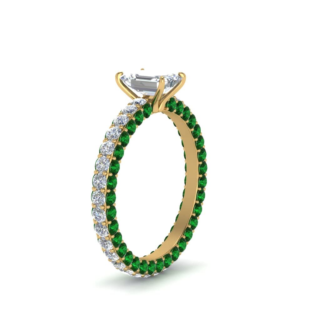 55Carat Eternity Yellow Gold Plated Created Emerald Emerald Shape Green Color Side Stone Engagement Rings Prong Setting in Size 7 Party Wear Daily Wear Ornament