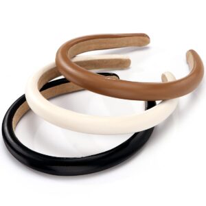 naruning 3 pcs padded headbands for women, solid color leather headbands, fashion headwear, girls women hair accessories (black + white + brown)