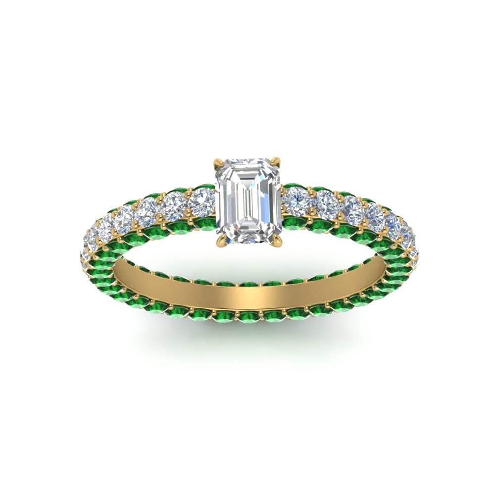 55Carat Eternity Yellow Gold Plated Created Emerald Emerald Shape Green Color Side Stone Engagement Rings Prong Setting in Size 7 Party Wear Daily Wear Ornament