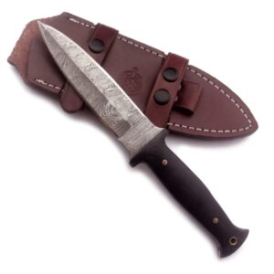 wolfklinge handmade damascus steel dagger – ideal for edc, hunting, survival, camping, and fishing. features a fixed spear point blade, full tang micarta handle, and cowhide leather sheath-dcx22-59