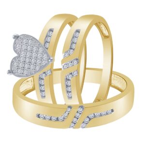 pretty jewels 10k yellow gold 0.28 carat (cttw) round cut natural white diamond heart frame engagement wedding trio ring set for him & her (diamond color : h-i, clarity : i1-i2), wsize-8.5, msize-9.5