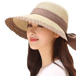 straw sun hats for women beach summer wide brim adjustable lightweight foldable/packable travel with uv upf50 protection khaki