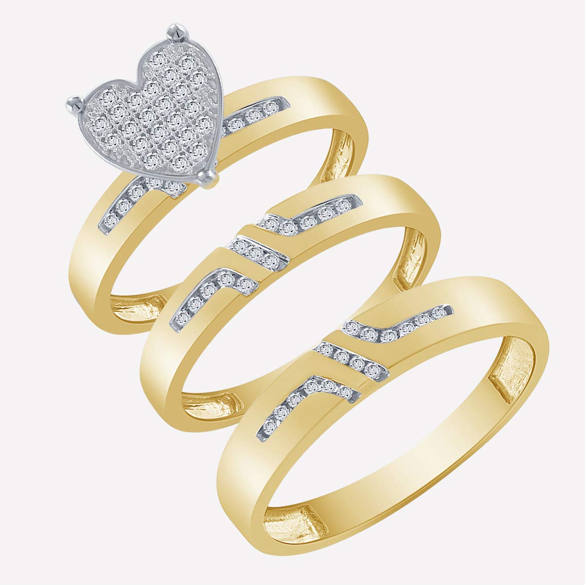 Pretty Jewels 10k Yellow Gold 0.28 Carat (cttw) Round Cut Natural White Diamond Heart Frame Engagement Wedding Trio Ring Set For Him & Her (Diamond Color : H-I, Clarity : I1-I2), Wsize-8.5, Msize-9.5