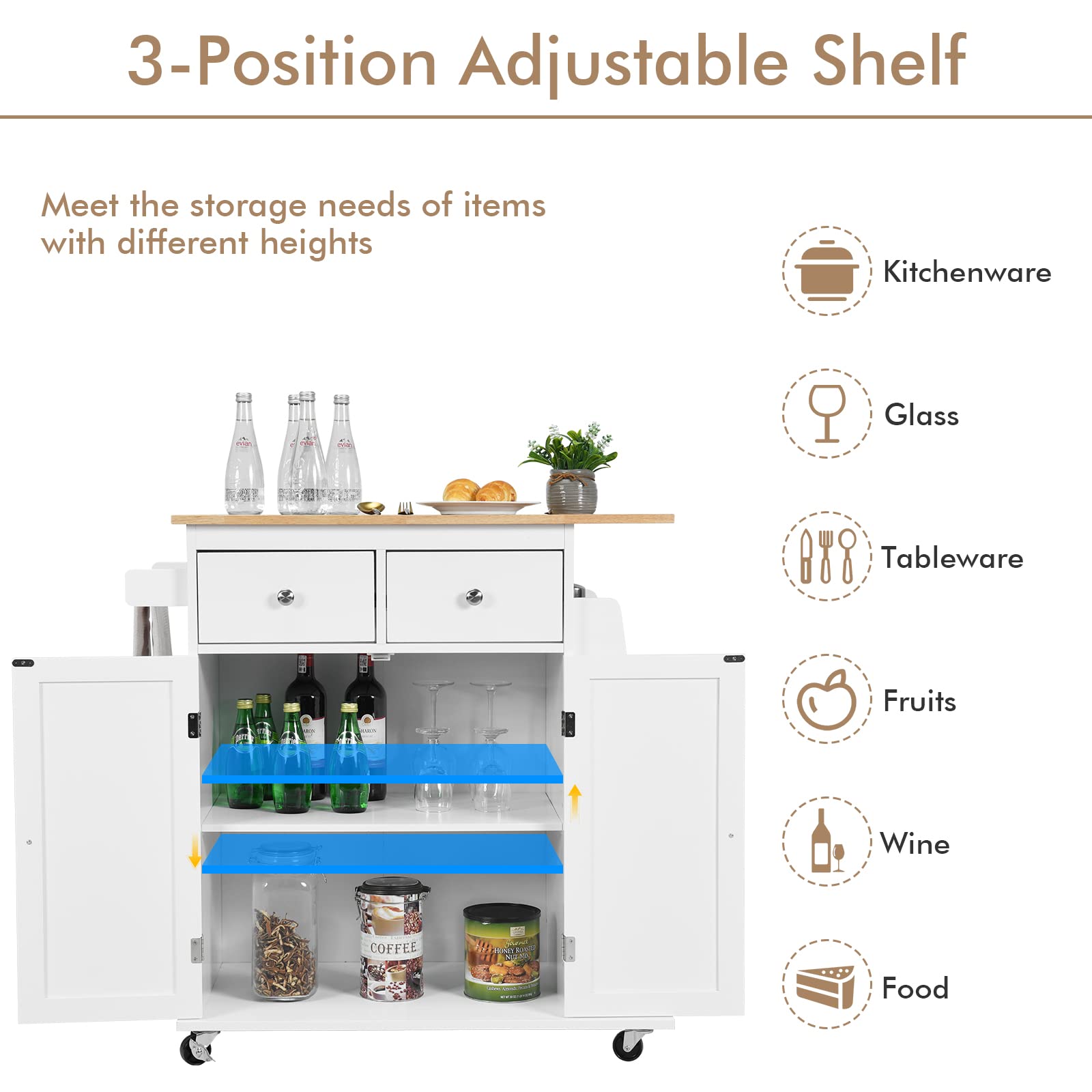 COSTWAY Kitchen Island on Wheels, Utility Trolley Cart with Adjustable Shelf, 2 Drawers, 3-Tier Spice Rack, Towel Rack, 2-Door Cabinet, Rubber Wood Countertop, Lockable Casters for Dining Room (White)