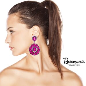 Rosemarie & Jubalee Women's Dramatic Teardrop Crystals Long Shoulder Duster Clip On Style Earrings Barbie Costume Jewelry, 3.5" (Fuchsia Pink Crystal Silver Tone)