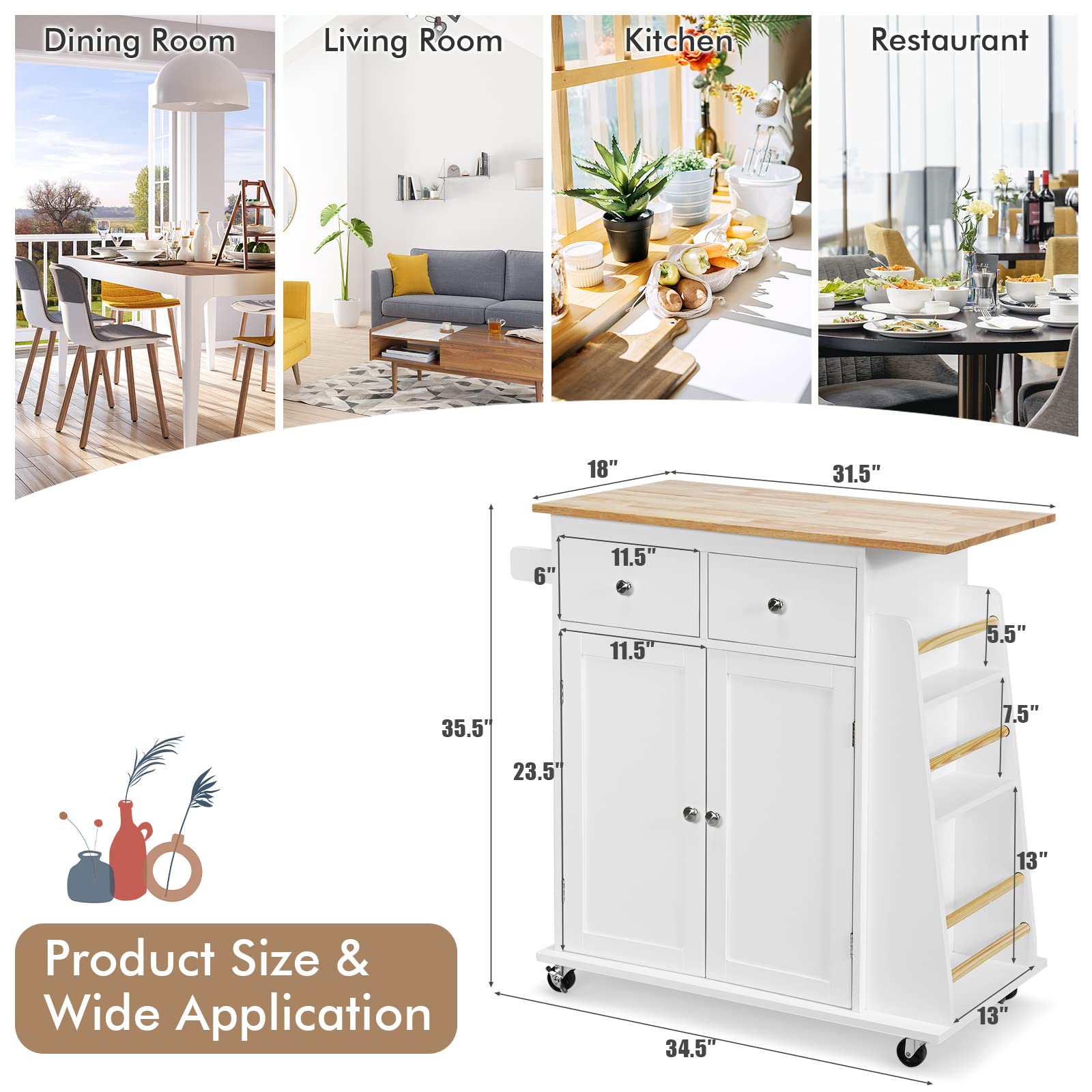 COSTWAY Kitchen Island on Wheels, Utility Trolley Cart with Adjustable Shelf, 2 Drawers, 3-Tier Spice Rack, Towel Rack, 2-Door Cabinet, Rubber Wood Countertop, Lockable Casters for Dining Room (White)