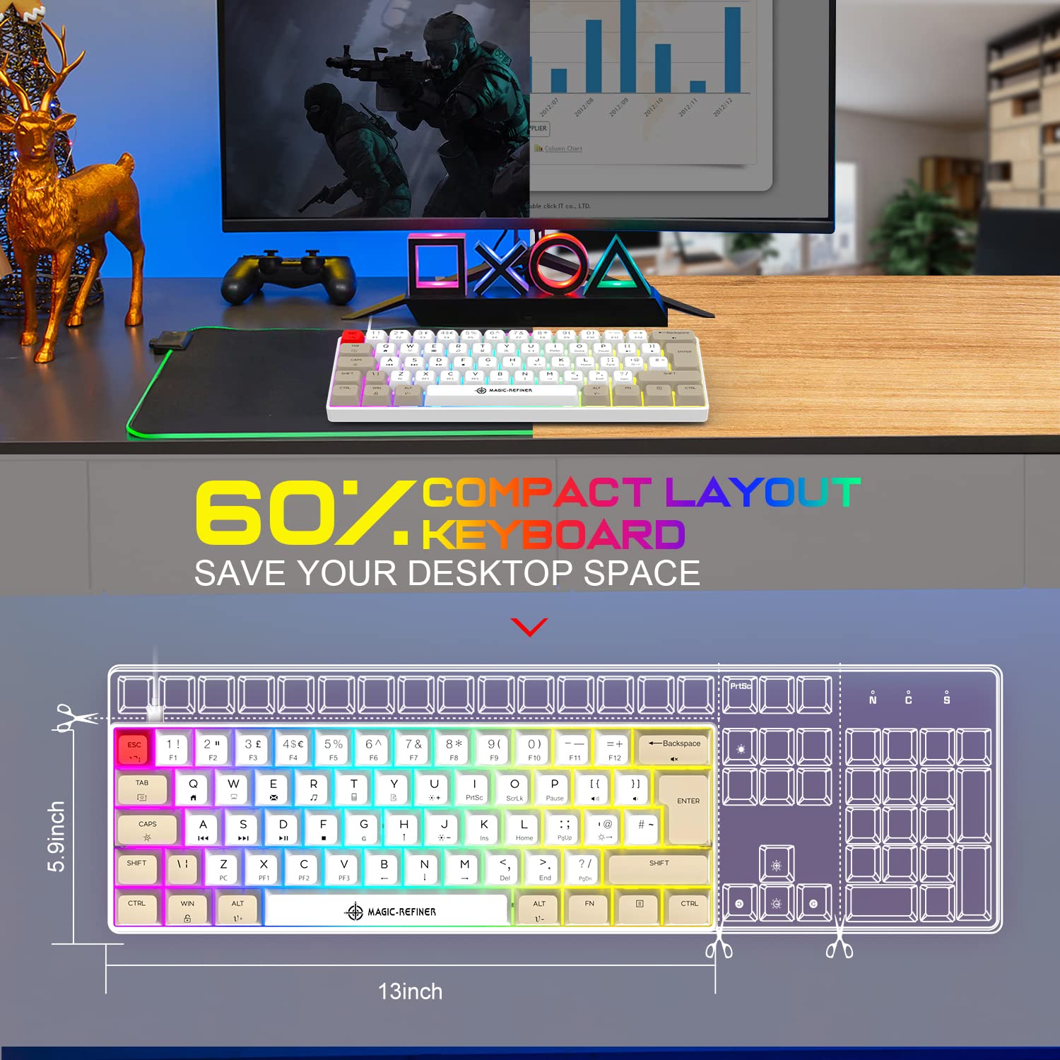 LexonElec 60% Mechanical Gaming Keyboard, Linear Red Switches, RGB Backlit Compact Mechanical Keyboard, PBT Dye-Sub XDA Keycaps, Multimedia Keys, 62-Key Anti-Ghosting Mini Keyboard, for Win/Mac/PC/PS4