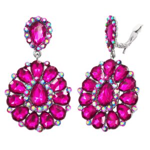 rosemarie & jubalee women's dramatic teardrop crystals long shoulder duster clip on style earrings barbie costume jewelry, 3.5" (fuchsia pink crystal silver tone)