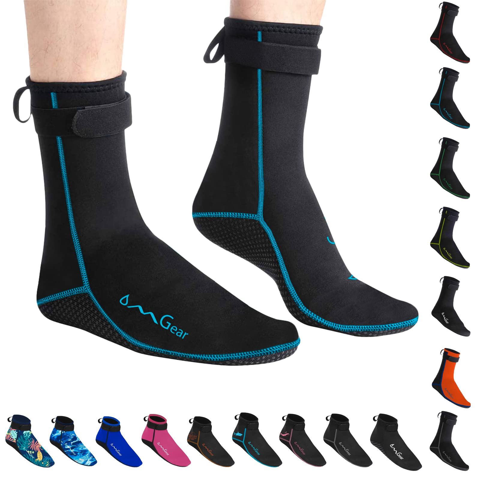 OMGear Water Socks Neoprene Socks Beach Booties Shoes 3mm Glued Blind Stitched Anti-Slip Wetsuit Boots Fin Swim Socks (3mm High Cut/Aqua,2XL(men 11-12,women12-13))