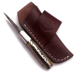 WolfKlinge Handmade Damascus Steel Fixed Blade Small Knife for Edc,Hunting,Survival,Camping,Skinning and Fishing-With Drop Point Blade Full Tang- Bone Handle and Cowhide-Leather Sheath - (BonePoint)