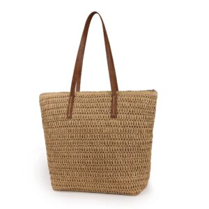 womens large straw beach tote bag handmade woven shoulder bag handbag purse for summer (brown)