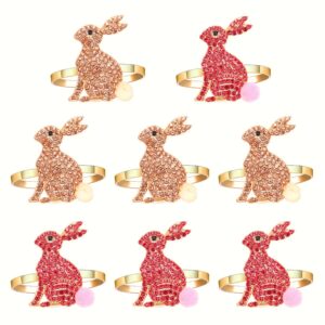 8pcs easter napkin rings, rhinestone easter bunny napkin holder rings for table decor cute rabbit carrot napkin ring for spring party banquet (8pcs rhinestone rabbit)