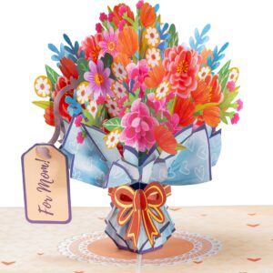 paper love 3d flower bouquet pop up mothers day card, for mom, wife - 5" x 7" cover - includes envelope and note tag