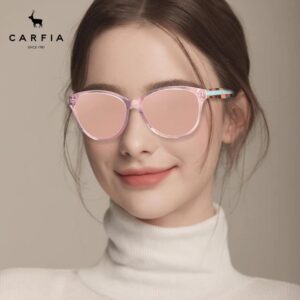 CARFIA Pink Mirrored Cateye Sunglasses for Women Polarized UV Protection, Handcrafted Acetate Frame with Embossed Wire Core