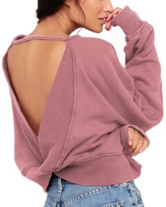 reachme womens open back sweatshirts crop backless long sleeve shirts off the shoulder crewneck workout tops(nude,m)