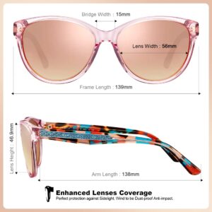 CARFIA Pink Mirrored Cateye Sunglasses for Women Polarized UV Protection, Handcrafted Acetate Frame with Embossed Wire Core