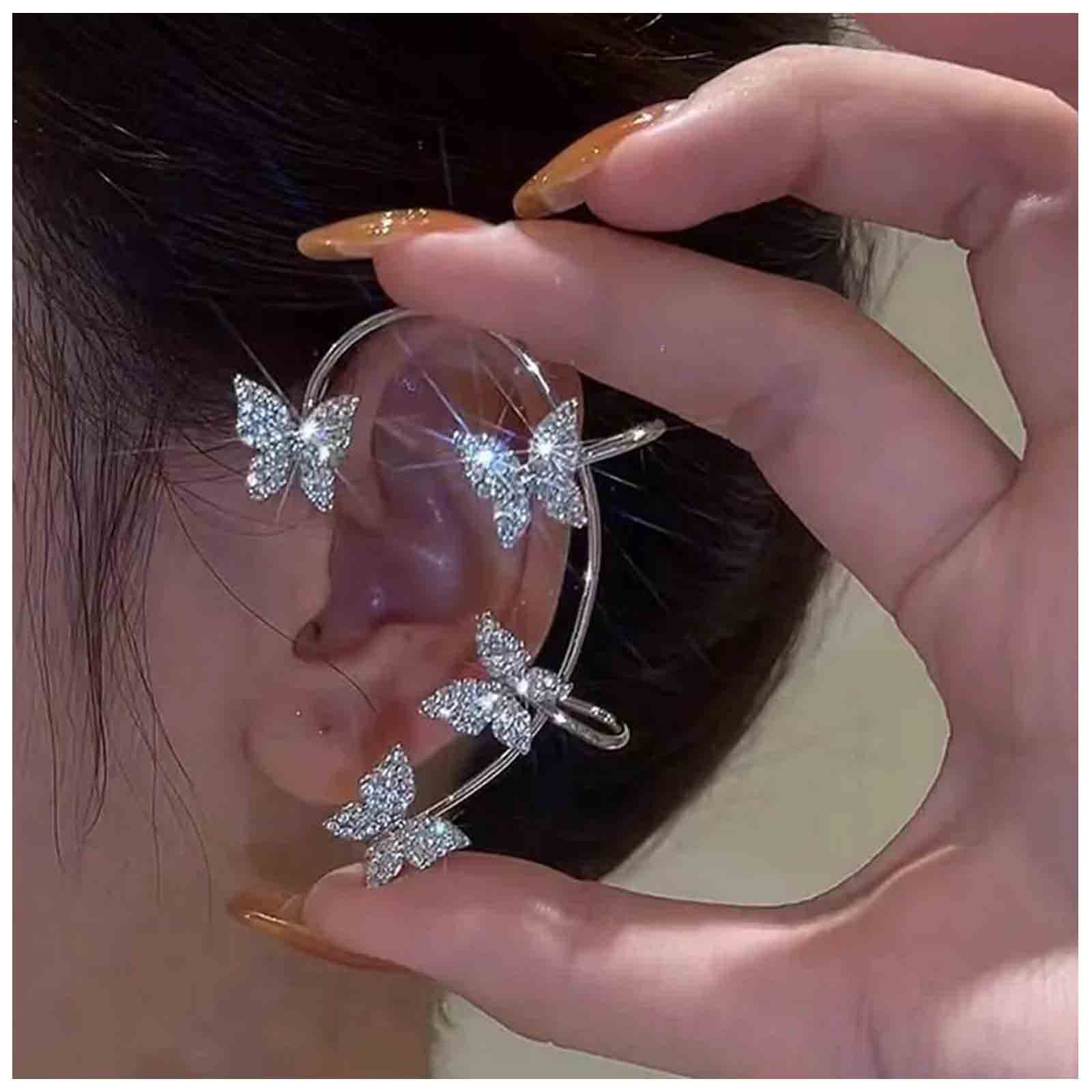 Yheakne Butterfly Ear Cuff Earrings Silver Rhinestone Butterfly Wrap Crawler Earrings Cz Full Ear Earrings No Piercing Earrings Jewelry for Women Animal Earrings (Silver)