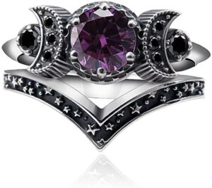 fuqimanman2020 wicca pagan triple moon godness band ring set purple crystal cresent for women wedding engagement promise jewelry-8