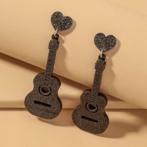 Acrylic Classical Guitar Earrings Retro Renaissance Rock Band Music Guitar Dangle Earrings Punk Style Violin Instrument Drop Earrings Hypoallergenic Lightweight Guitar Earrings for Women (Black)