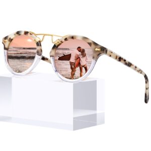 carfia small pink mirrored polarized sunglasses for women uv protection, acetate eyewear double bridge metal brow sunnies