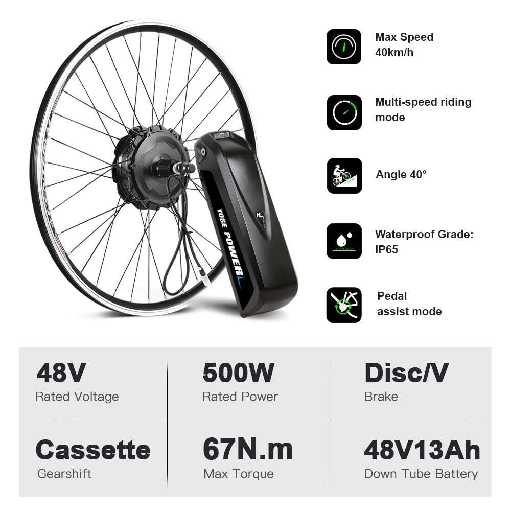 Yose Power Waterproof 500W 26 Inch Ebike Conversion Kit with 48V 13Ah Battery for Freewheel 26" Electric Bike Rear Wheel, Electric Bicycle Hub Motor Kit, LED Display, Installation Tool