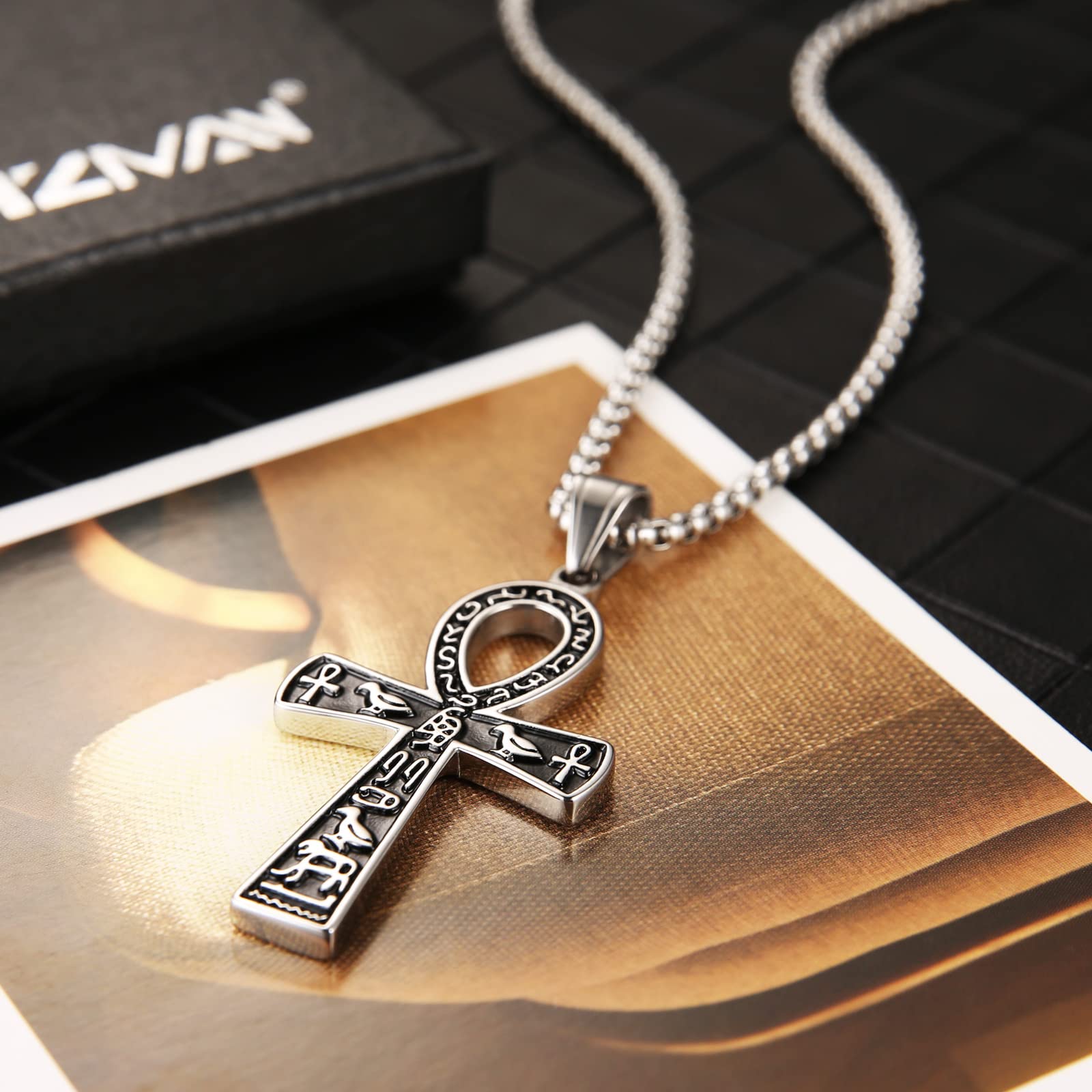 HZMAN Stainless Steel Large Ankh Cross Pendant Ancient Egyptian Hieroglyphic Symbol 22+2 Inch Chain (Silver-Small)